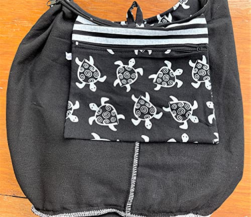 Fully Lined Sea Turtle Crossbody Sling Bag - Front Zippered Pocket - Handmade Bohemian Thai Hippie hobo Shoulder Cotton Purse - Medium - Black and White (Black and White)
