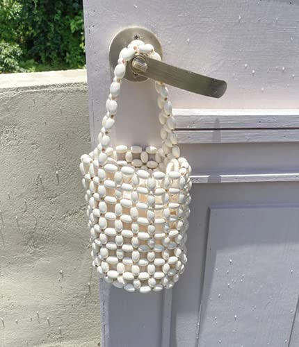 Goodly Wood Beaded Tote Handbag/Summer Mini Beads Bag/Wood Beads Circle Tote Bag for Women (Beige)… (Ivory)