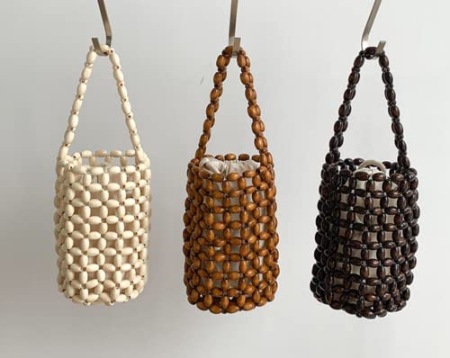 Goodly Wood Beaded Tote Handbag/Summer Mini Beads Bag/Wood Beads Circle Tote Bag for Women (Beige)… (Ivory)