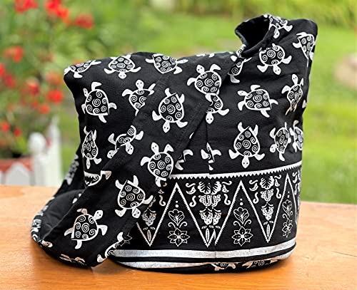 Fully Lined Sea Turtle Crossbody Sling Bag - Front Zippered Pocket - Handmade Bohemian Thai Hippie hobo Shoulder Cotton Purse - Medium - Black and White (Black and White)