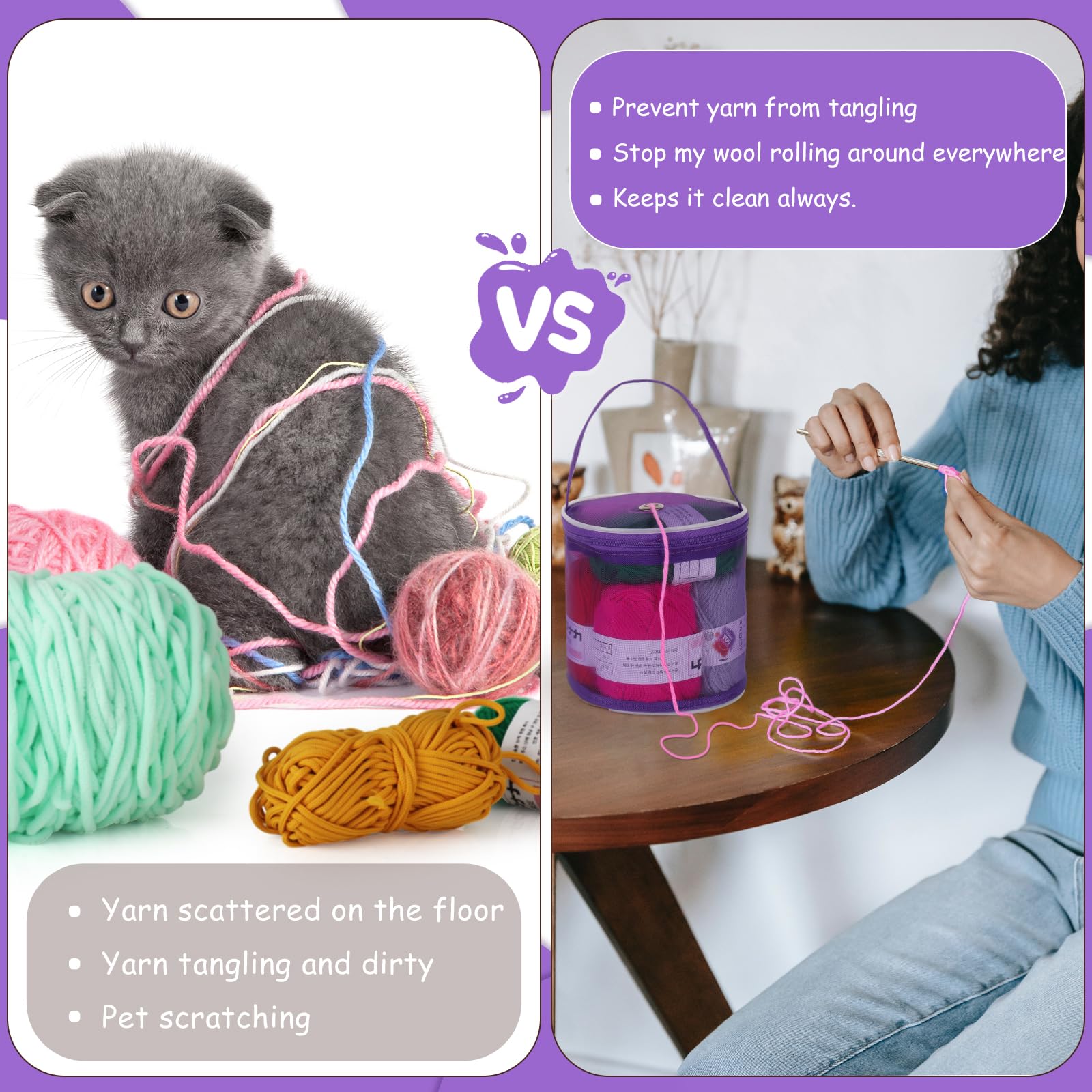 Katech Yarn Storage Case Empty Small Round Mesh Storage Bag Portable Knitting Yarn Balls Organizer Basket Crochet Thread Sewing Accessories Storage Tote Bags (Purple)