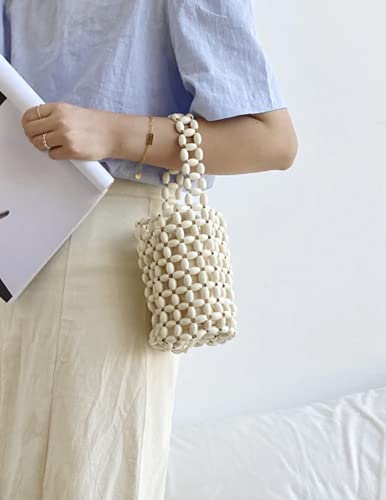 Goodly Wood Beaded Tote Handbag/Summer Mini Beads Bag/Wood Beads Circle Tote Bag for Women (Beige)… (Ivory)