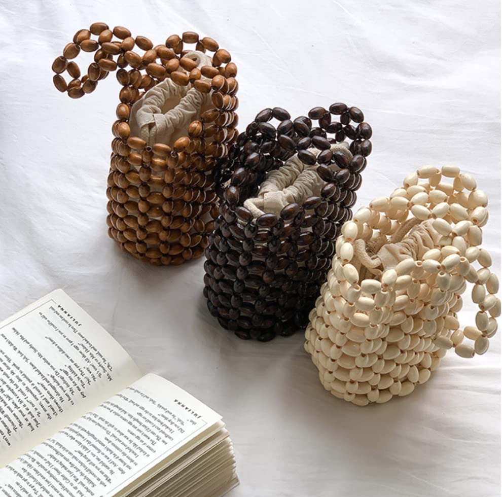 Goodly Wood Beaded Tote Handbag/Summer Mini Beads Bag/Wood Beads Circle Tote Bag for Women (Beige)… (Ivory)