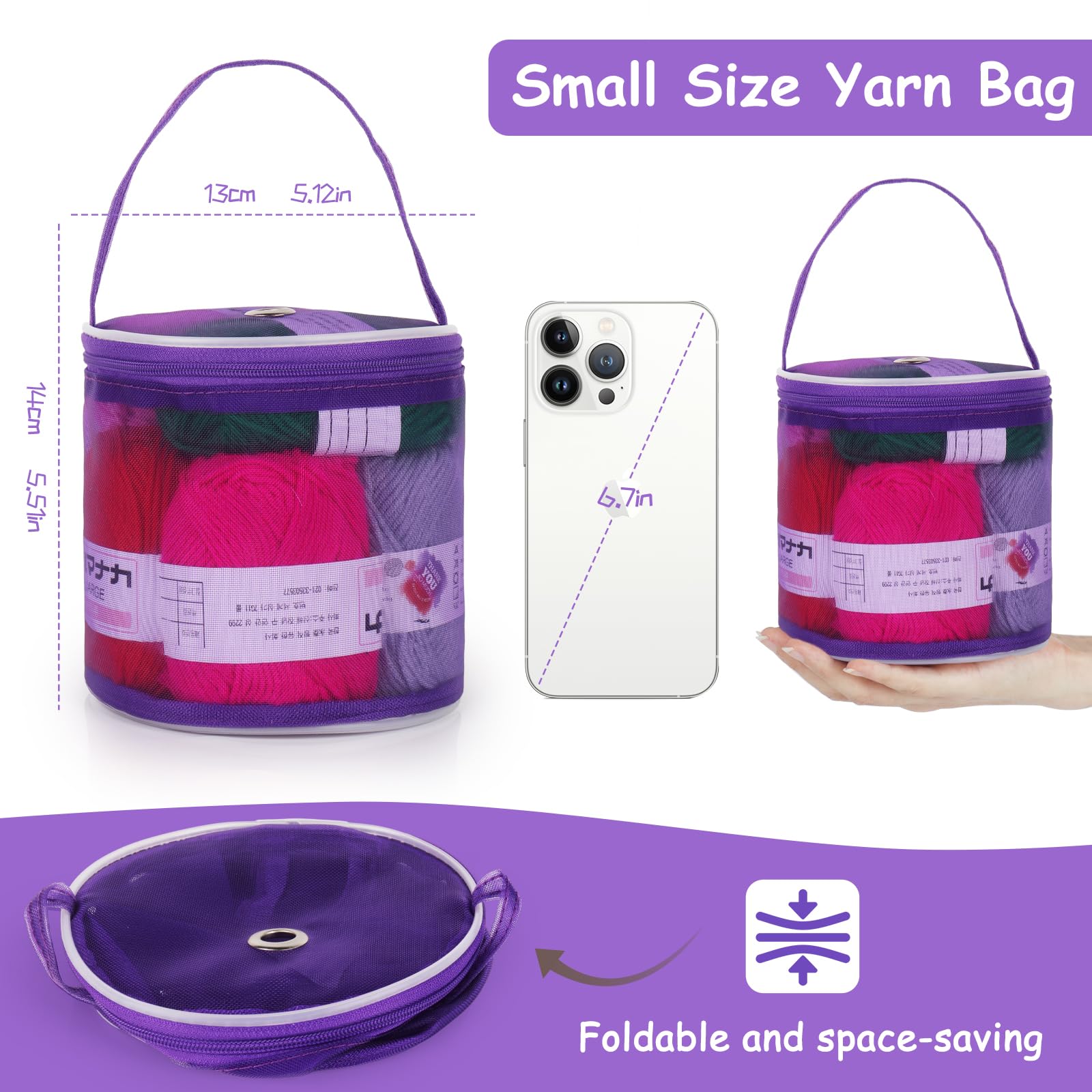 Katech Yarn Storage Case Empty Small Round Mesh Storage Bag Portable Knitting Yarn Balls Organizer Basket Crochet Thread Sewing Accessories Storage Tote Bags (Purple)