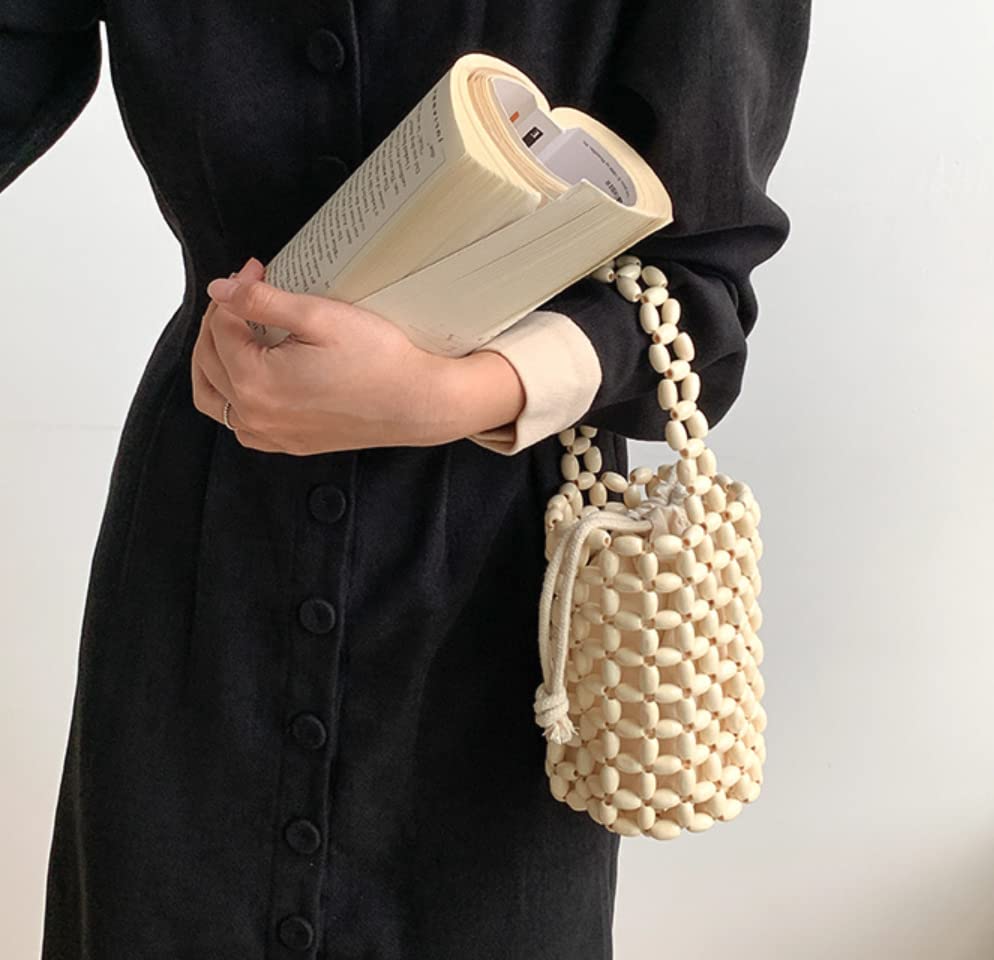 Goodly Wood Beaded Tote Handbag/Summer Mini Beads Bag/Wood Beads Circle Tote Bag for Women (Beige)… (Ivory)