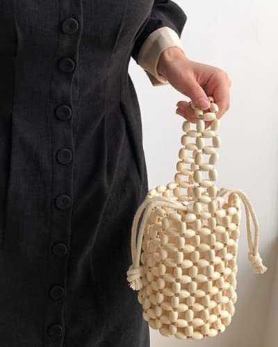 Goodly Wood Beaded Tote Handbag/Summer Mini Beads Bag/Wood Beads Circle Tote Bag for Women (Beige)… (Ivory)