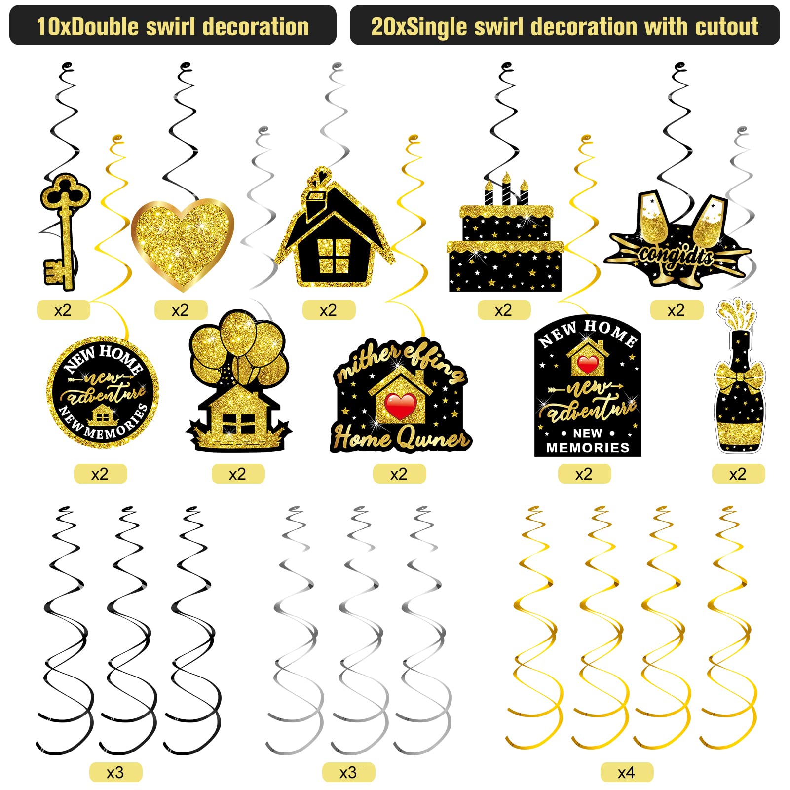 30pcs Housewarming Party Hanging Swirls Decorations, Black Gold House Warming Sign Decor, New Home Sweet Home Housewarming Theme Party Supplies
