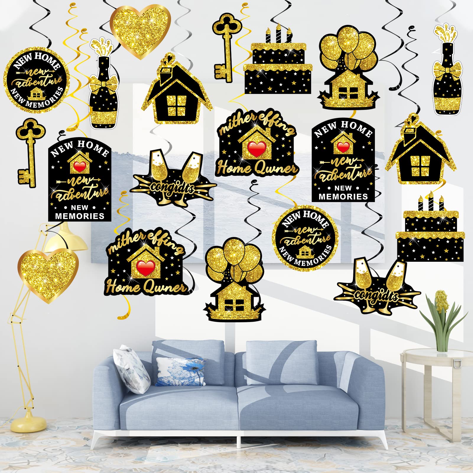 30pcs Housewarming Party Hanging Swirls Decorations, Black Gold House Warming Sign Decor, New Home Sweet Home Housewarming Theme Party Supplies