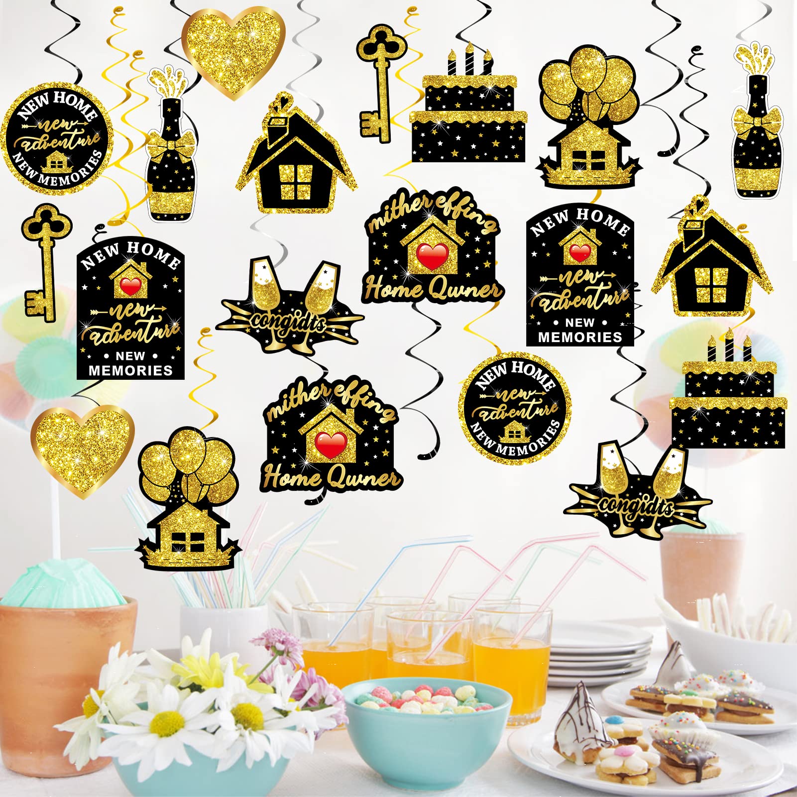 30pcs Housewarming Party Hanging Swirls Decorations, Black Gold House Warming Sign Decor, New Home Sweet Home Housewarming Theme Party Supplies