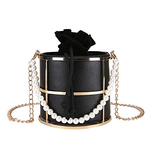 Women Evening Bags Black Clutch Purse Pearl Top-Handle Metal Bucket Party Bag Chic Purses Wedding Handbags