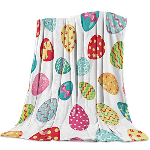 Greeeen Plush Fleece Throw Blanket | Fuzzy, Soft, Warm, Cozy, Reversible Blanket for Bed Couch Sofa Chair Travel- 39" x 49", Happy Easter Colorful Eggs