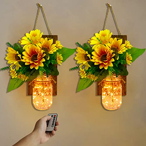 Mason Jar Sconces, Farmhouse Home Decor, Rustic Wall Sconces, LED Fairy Lights, Sunflower, Interior Decoration Warm Toned Lighting. (2 Pack)(with Remote Control)