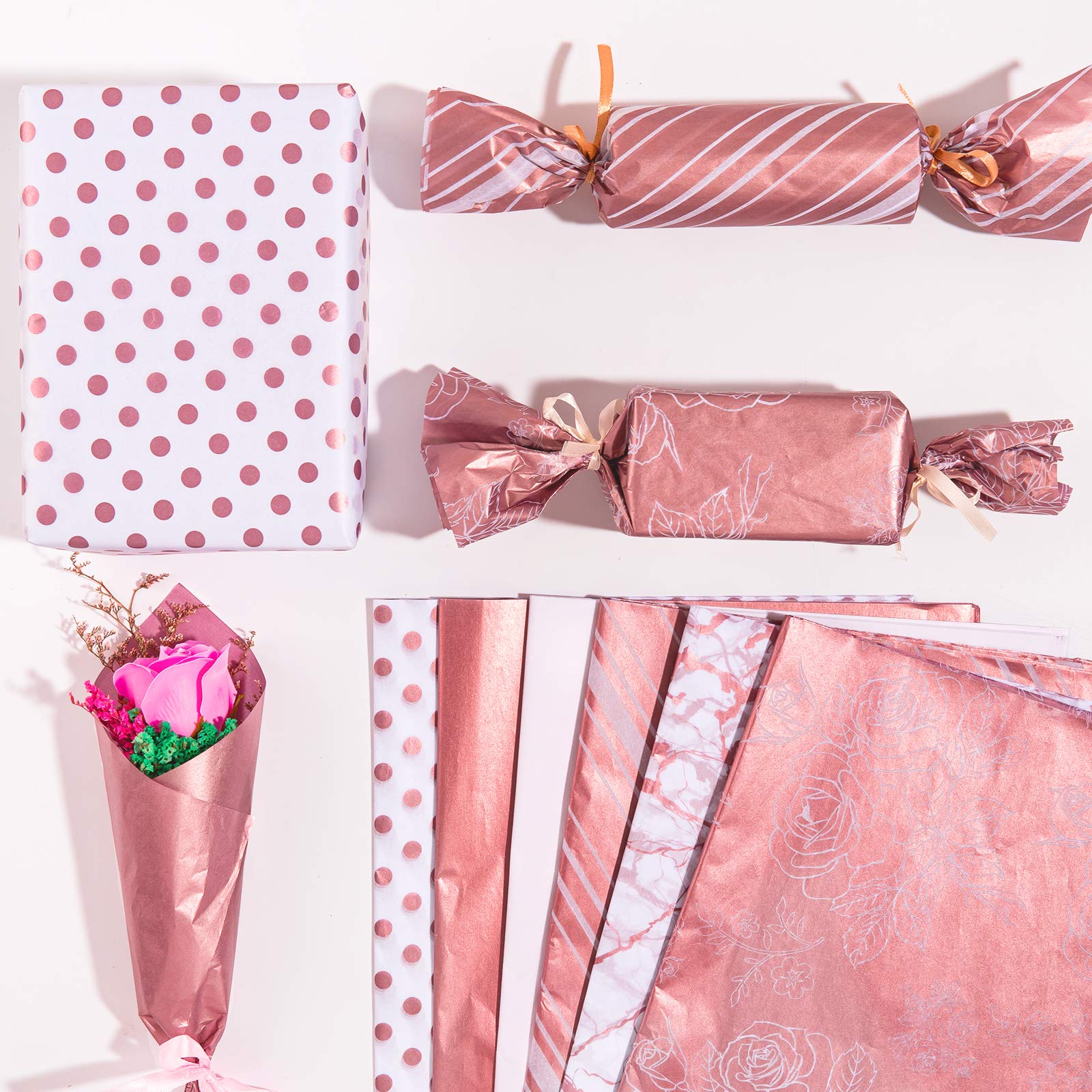 Whaline 120PCS Rose Gold Tissue Paper 6 Style Gift Wrap Paper Bulk Gift Wrapping Accessory Craft Paper Decorative Paper Art Tissue for Home Kitchen Birthday Party