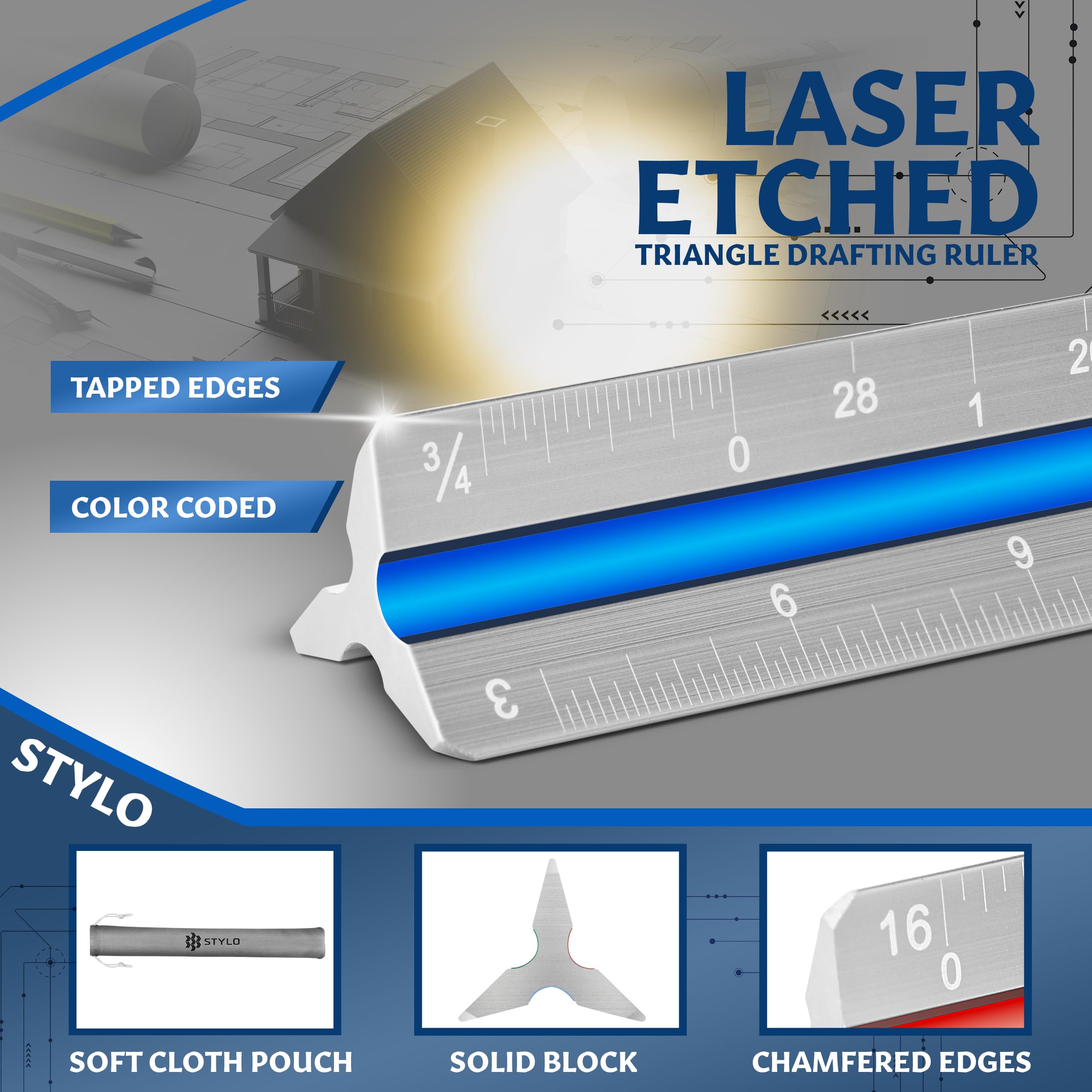 Stylo Aluminum Architect Scale Ruler 12" Laser Etched Triangle Drafting Ruler with Color - Coded Grooves for Blueprint, Drafting and Drawing - Imperial Architectural Scale Ruler for Blueprints