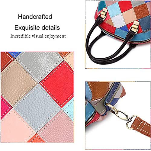 Downupdown Genuine Leather Handbags Women Top Handle Handbags Multicolor Square Splice Satchel Bag Tote Purse with Long Strap