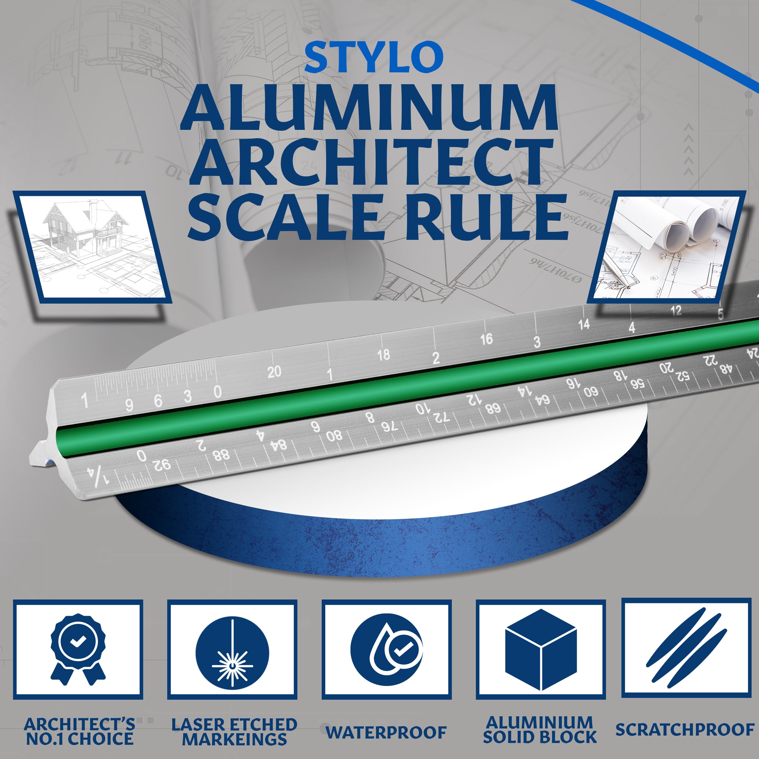 Stylo Aluminum Architect Scale Ruler 12" Laser Etched Triangle Drafting Ruler with Color - Coded Grooves for Blueprint, Drafting and Drawing - Imperial Architectural Scale Ruler for Blueprints