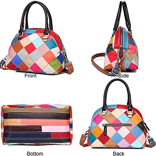 Downupdown Genuine Leather Handbags Women Top Handle Handbags Multicolor Square Splice Satchel Bag Tote Purse with Long Strap