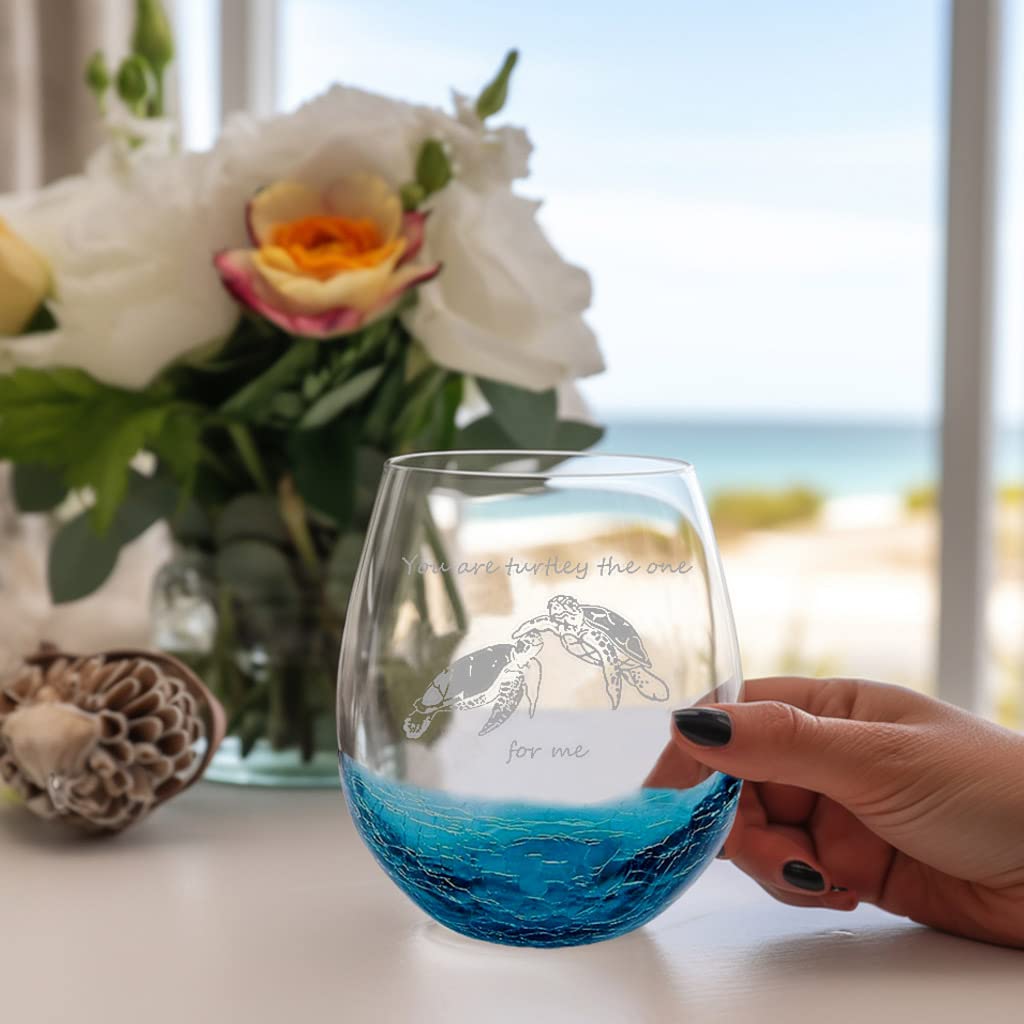Valentines Day Gifts for Her, Sea Turtles Handmade Engraved Crackle Turquoise Beach Wine Glass, 18 Ounces