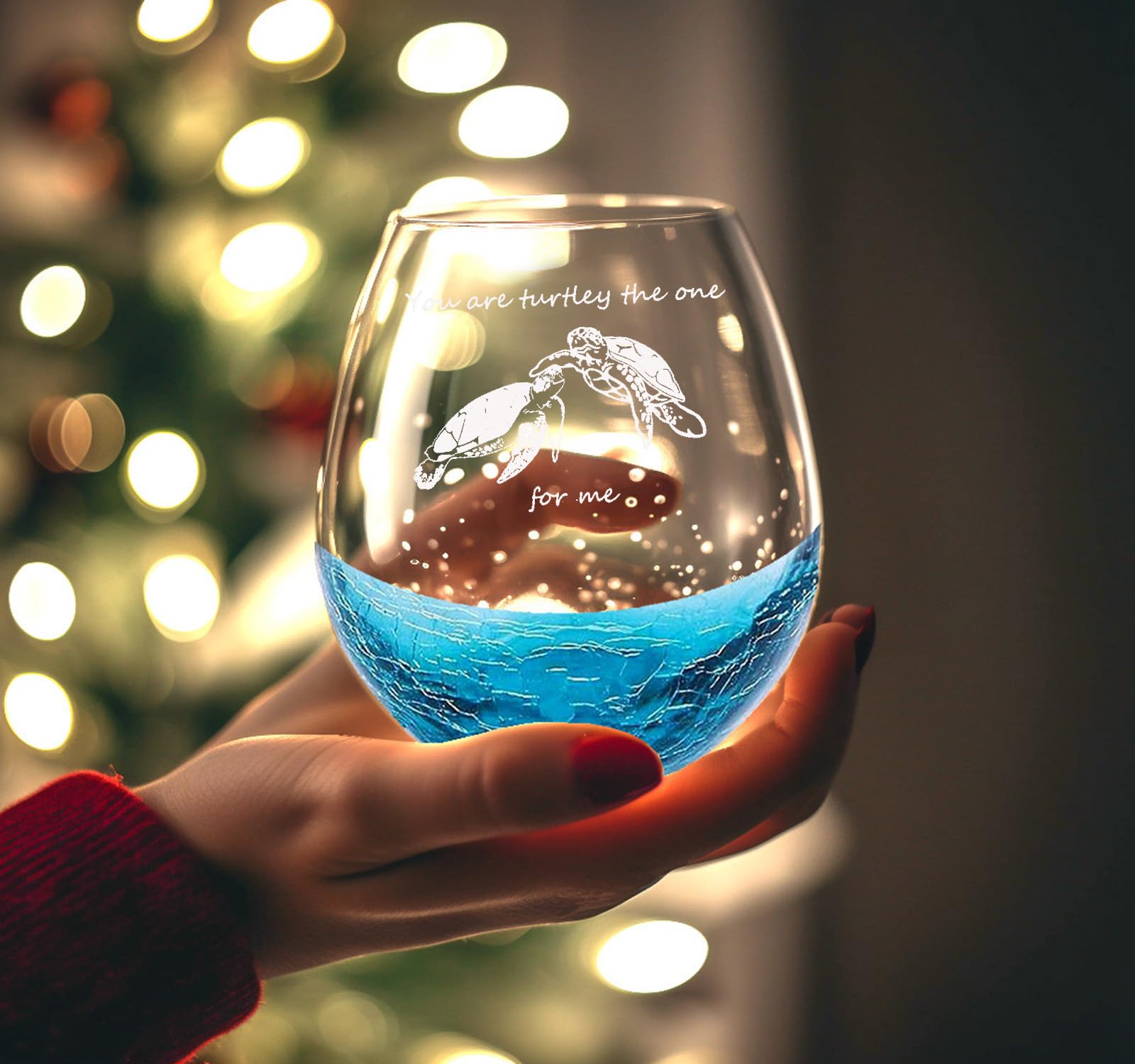 Valentines Day Gifts for Her, Sea Turtles Handmade Engraved Crackle Turquoise Beach Wine Glass, 18 Ounces