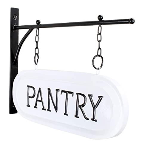 AuldHome Metal Hanging Pantry Sign, White Enamelware Iron 2-Sided Rustic Farmhouse Decor