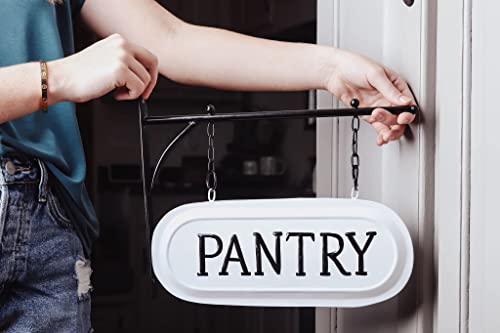 AuldHome Metal Hanging Pantry Sign, White Enamelware Iron 2-Sided Rustic Farmhouse Decor