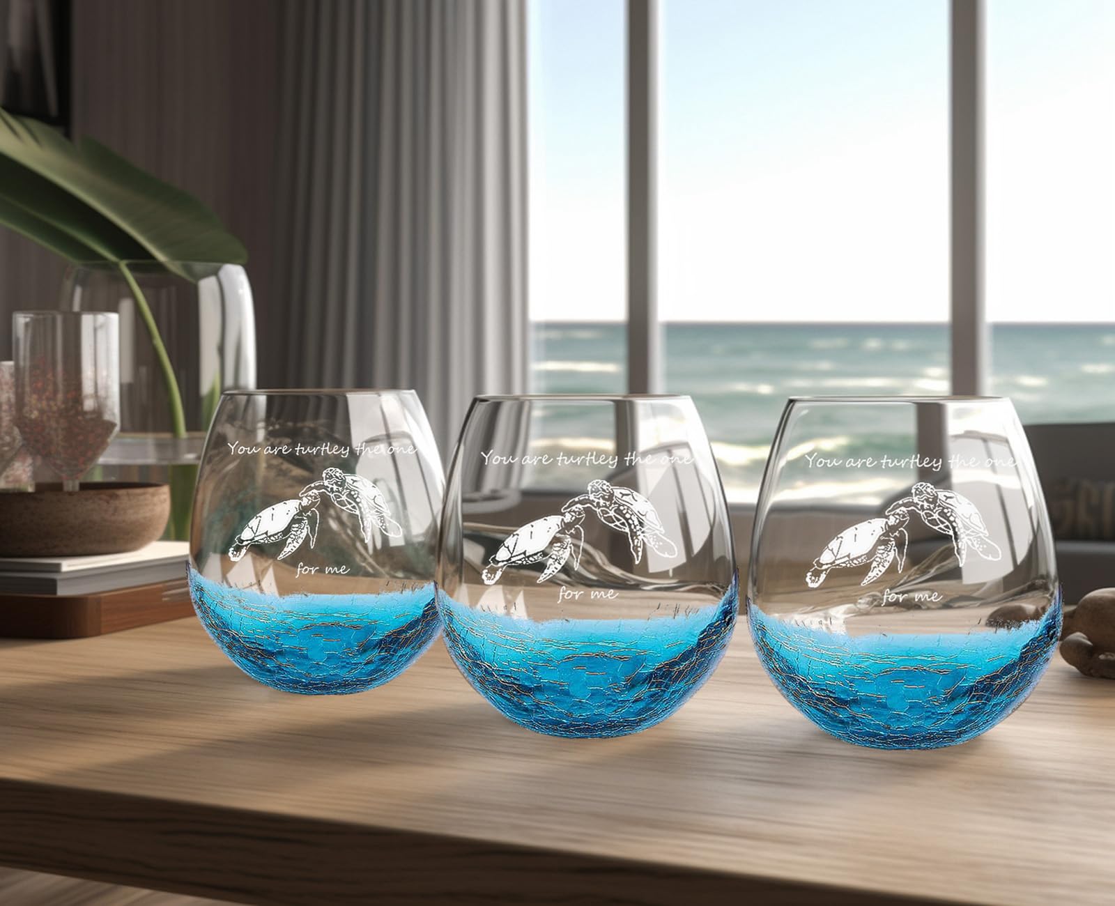 Valentines Day Gifts for Her, Sea Turtles Handmade Engraved Crackle Turquoise Beach Wine Glass, 18 Ounces