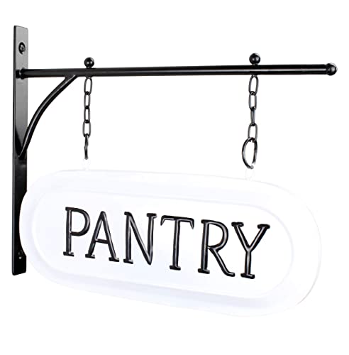 AuldHome Metal Hanging Pantry Sign, White Enamelware Iron 2-Sided Rustic Farmhouse Decor