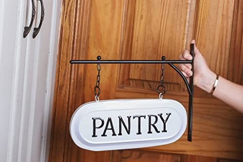 AuldHome Metal Hanging Pantry Sign, White Enamelware Iron 2-Sided Rustic Farmhouse Decor