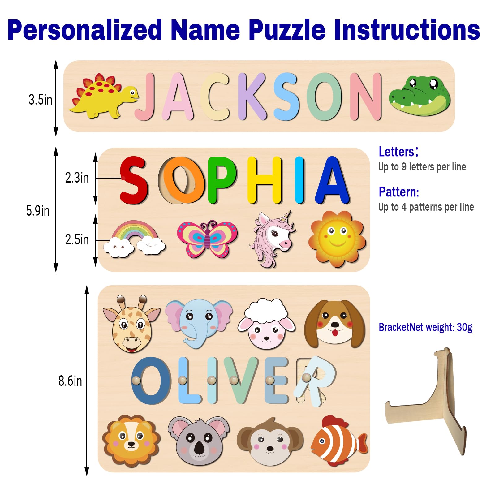 OELTTG Name Puzzle for Kids Personalized, Montessori Learning Toys for 1 Year Old Boy Girl, Custom Puzzles with Engraved Text on Back, Personalized Baby Easter Gifts