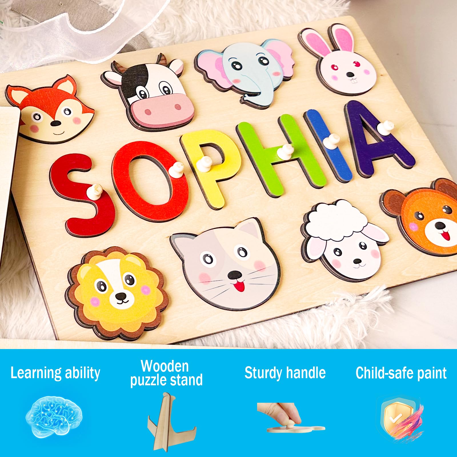 OELTTG Name Puzzle for Kids Personalized, Montessori Learning Toys for 1 Year Old Boy Girl, Custom Puzzles with Engraved Text on Back, Personalized Baby Easter Gifts