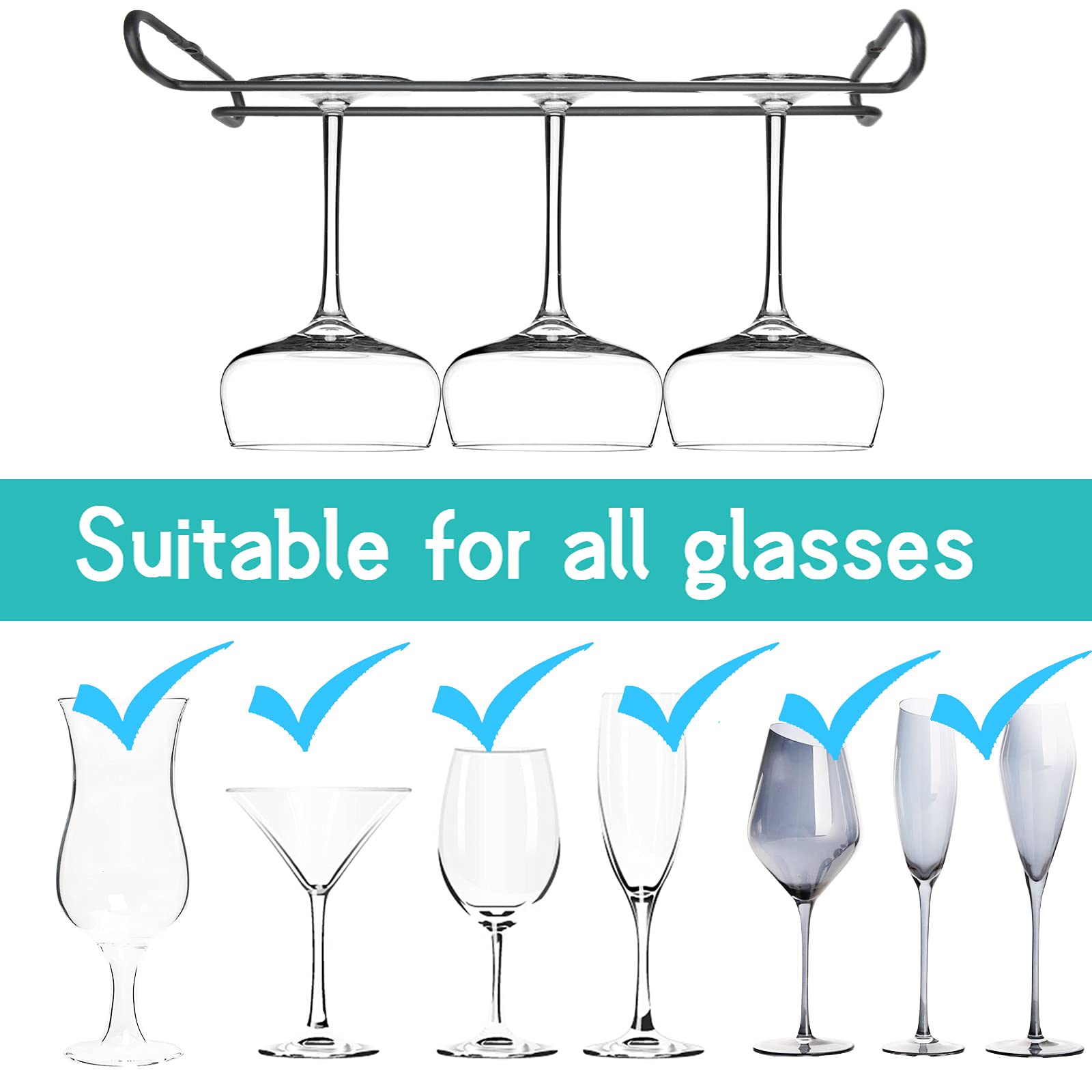eastbao Wine Glass Rack Under Cabinet Shelf Glasses Holder Storage With Drying Stemware Rack Under Counter Wine Glass Holder Metal Hanger Steamware Wine Glass Hanging Rack for Bar and Kitchen Black
