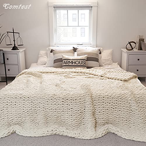 Comtest Chunky Knit Blanket Handmade Soft Throw Blanket Cozy and Warm Cable Knit Blanket for Sofa ＆Home Decor, Beige 40''x60''（Love Seat）