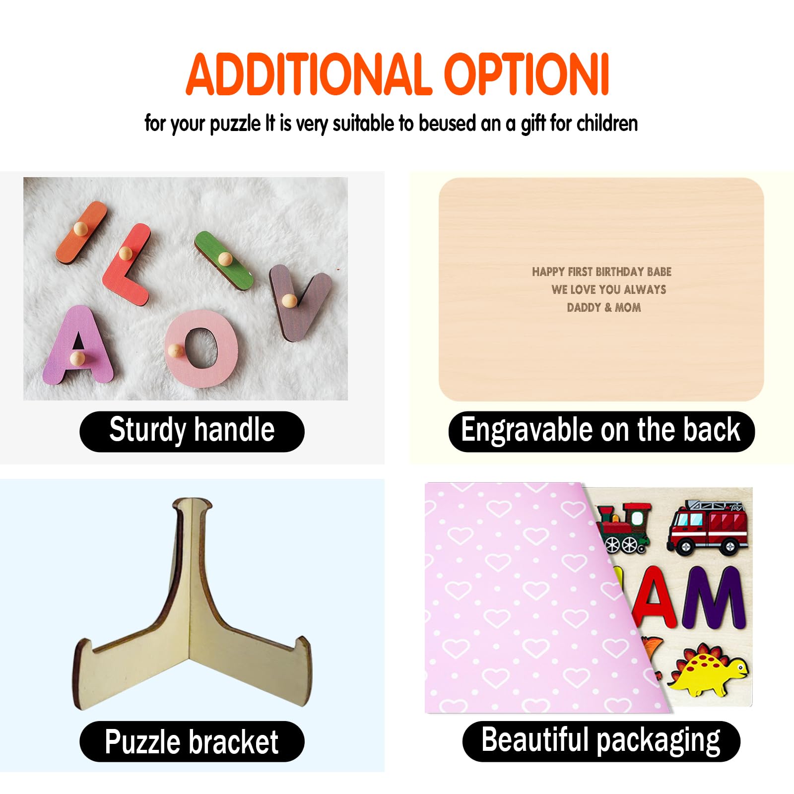 OELTTG Name Puzzle for Kids Personalized, Montessori Learning Toys for 1 Year Old Boy Girl, Custom Puzzles with Engraved Text on Back, Personalized Baby Easter Gifts