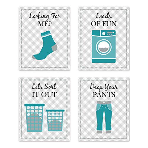Turquoise Teal Blue Gray White Retro Vintage Inspirational Laundry Room Rules Decorative Wall Art Decor Decorations for Laundromat Wash Sock Pants Prints Posters Pictures Sign Rustic Modern Farmhouse Country Home Funny Sayings Quotes Unframed 8”x10”