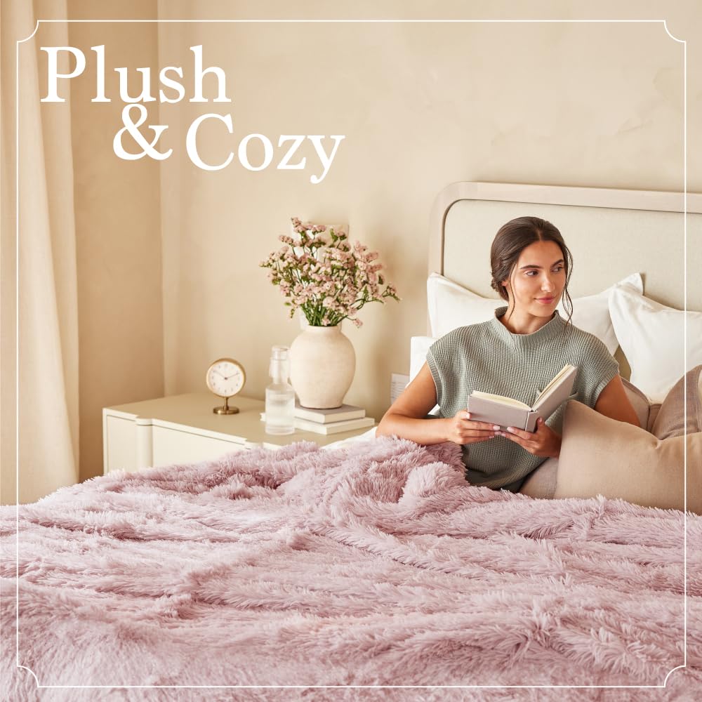 The Connecticut Home Co Bedding Blanket, King 108x90, Soft Plush Shag and Sherpa, Warm Throws for Bed, Gift for Women, Bedroom Luxury Home Decor Accent Blankets for Couch Sofa Chair, Dusty Rose