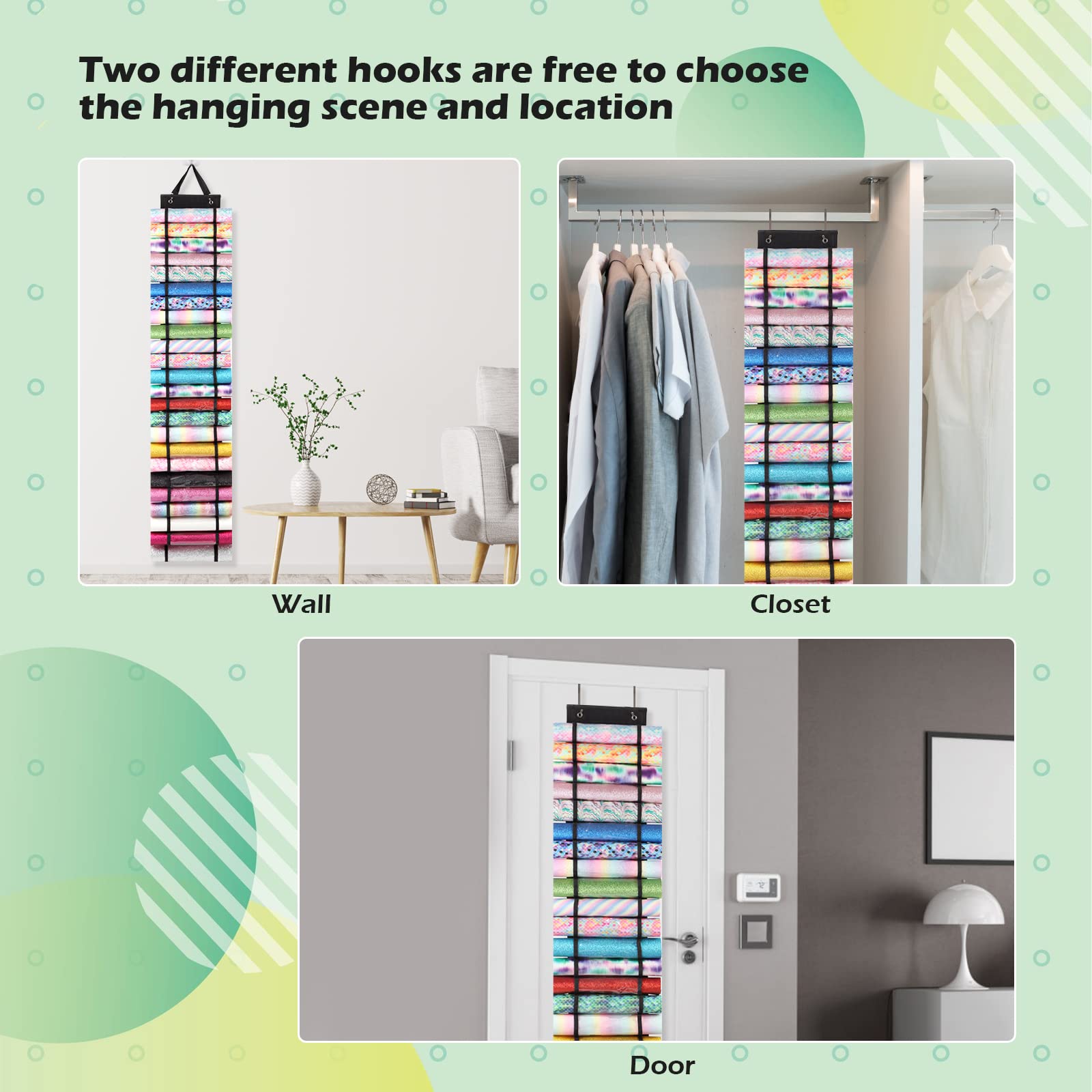 RYBPVC Vinyl Holder with 50 Compartments, Vinyl Roll Holder Wall Mount/ Over The Door, Craft Vinyl Storage Organizer, Hanging Vinyl Organizer with 4 hooks (Black)