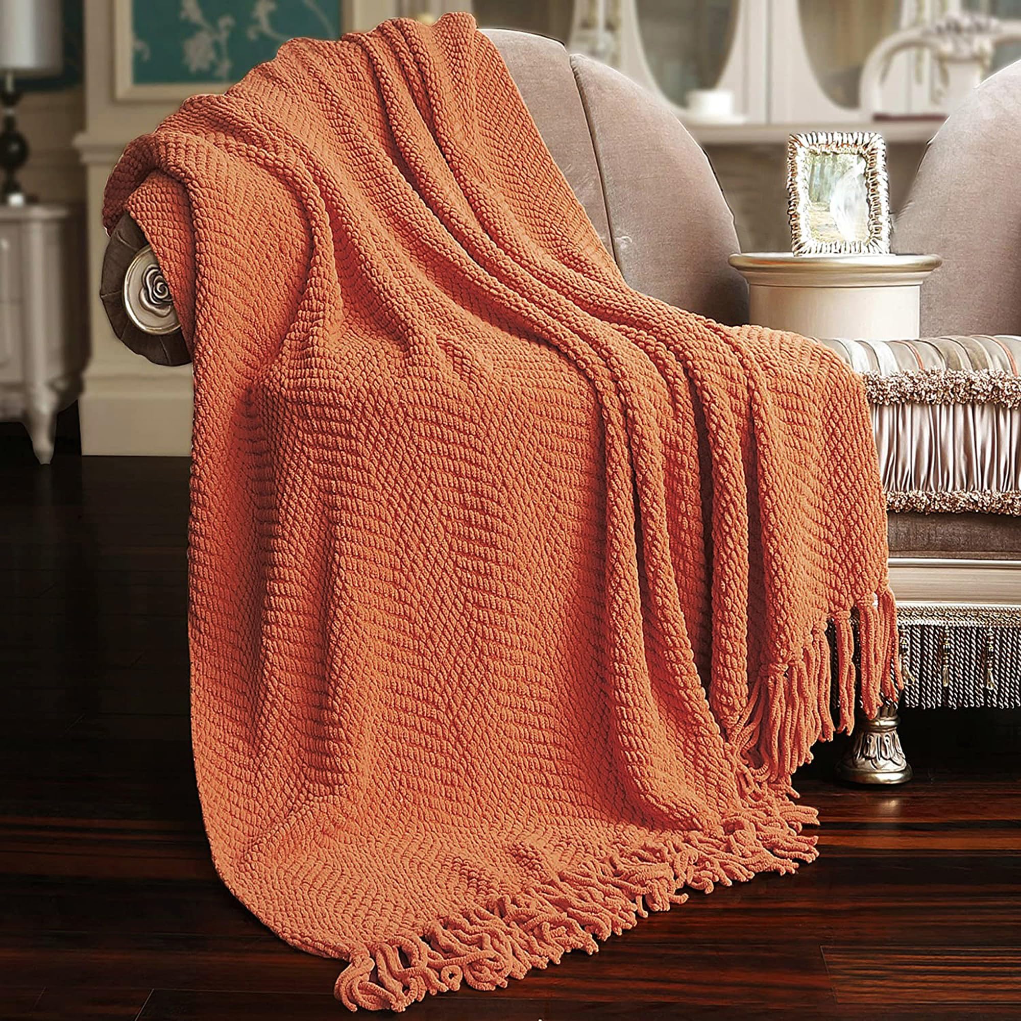 Home Soft Things Throw Blanket Knitted Tweed Throw 50'' x 60'', Rust, Super Soft Cozy Warm Comfortable Breathable Throw for Living Room Chair Couch Bed Sofa Bedroom Home Décor
