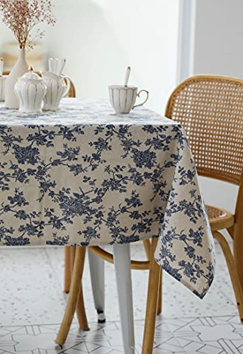 Pastoral Rectangle Tablecloth - 52 x 70 Inch - Linen Fabric Table Cloth - Washable Table Cover with Dust-Proof Wrinkle Resistant for Restaurant, Picnic, Indoor and Outdoor Dining, Floral (Dark Blue)