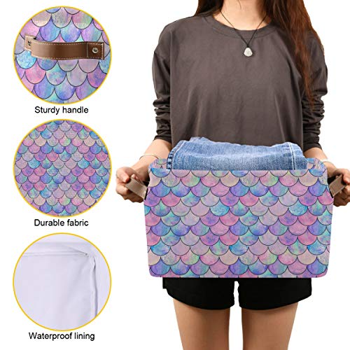 senya Large Foldable Storage Basket, Mermaid Fish Scale Wave Fabric Storage Bin Organizer Bag with Handles 15 x 11 x 9.5 inch
