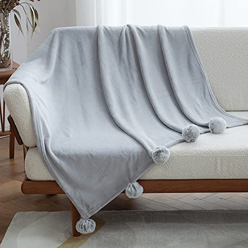 AmƩlie Home Fleece with Pom Pom Fringe,Light Grey,60"x 80"