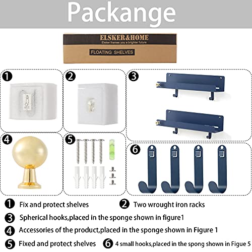 ELSKER&HOME Blue Floating Shelves for Wall Mounted,Decorative Metal Shelf with 4 Hooks,Modern Floating Bookshelf Set of 2 Pack,15.8”Lx4”Wx3.6”H