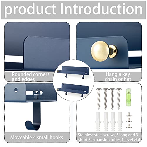 ELSKER&HOME Blue Floating Shelves for Wall Mounted,Decorative Metal Shelf with 4 Hooks,Modern Floating Bookshelf Set of 2 Pack,15.8”Lx4”Wx3.6”H