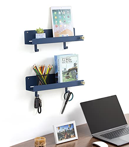 ELSKER&HOME Blue Floating Shelves for Wall Mounted,Decorative Metal Shelf with 4 Hooks,Modern Floating Bookshelf Set of 2 Pack,15.8”Lx4”Wx3.6”H