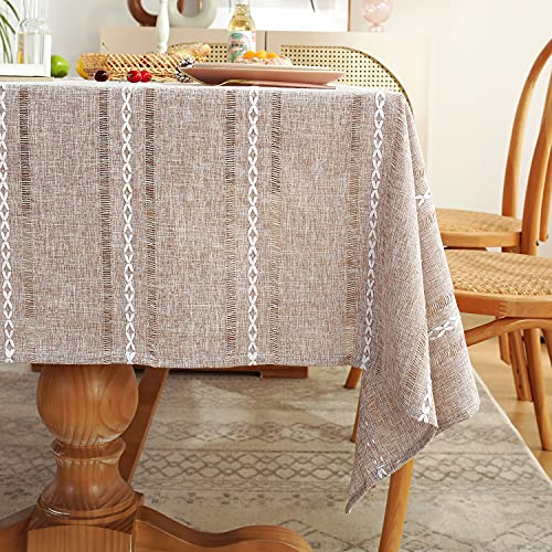 Chassic Rustic Farmhouse Style Hemstitched Embroidered Linen Tablecloth, Wrinkle Resistant Washable Dining Room tablecloths for Rectangle Tables, 60 x 84 inches - Light Coffee