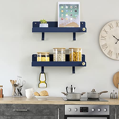 ELSKER&HOME Blue Floating Shelves for Wall Mounted,Decorative Metal Shelf with 4 Hooks,Modern Floating Bookshelf Set of 2 Pack,15.8”Lx4”Wx3.6”H