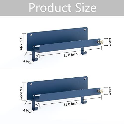 ELSKER&HOME Blue Floating Shelves for Wall Mounted,Decorative Metal Shelf with 4 Hooks,Modern Floating Bookshelf Set of 2 Pack,15.8”Lx4”Wx3.6”H