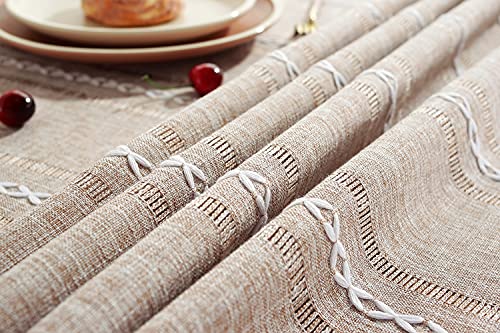 Chassic Rustic Farmhouse Style Hemstitched Embroidered Linen Tablecloth, Wrinkle Resistant Washable Dining Room tablecloths for Rectangle Tables, 60 x 84 inches - Light Coffee