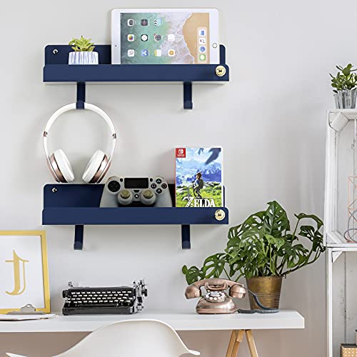 ELSKER&HOME Blue Floating Shelves for Wall Mounted,Decorative Metal Shelf with 4 Hooks,Modern Floating Bookshelf Set of 2 Pack,15.8”Lx4”Wx3.6”H