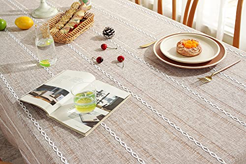Chassic Rustic Farmhouse Style Hemstitched Embroidered Linen Tablecloth, Wrinkle Resistant Washable Dining Room tablecloths for Rectangle Tables, 60 x 84 inches - Light Coffee