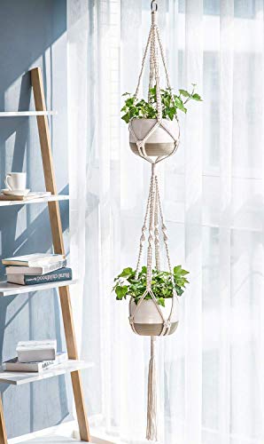 Mkono Set of 3 Wood Wall Hanging Shelves Boho Decor and Set of 4 Macrame Plant Hanger